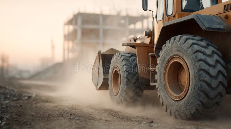 Front Loader Carrying Sand on a Dusty Construction Site at Sunrise ...