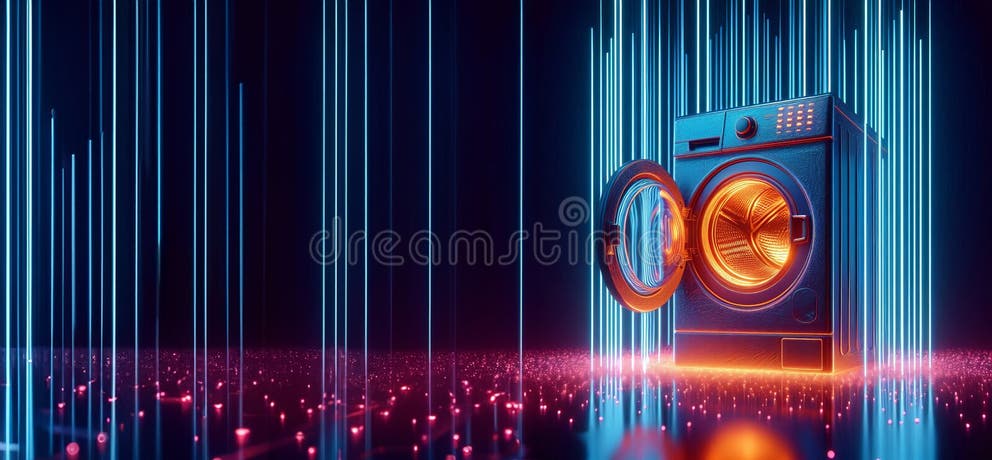 Front-loading Washing Machine with Open Door, Casting Orange Glow ...