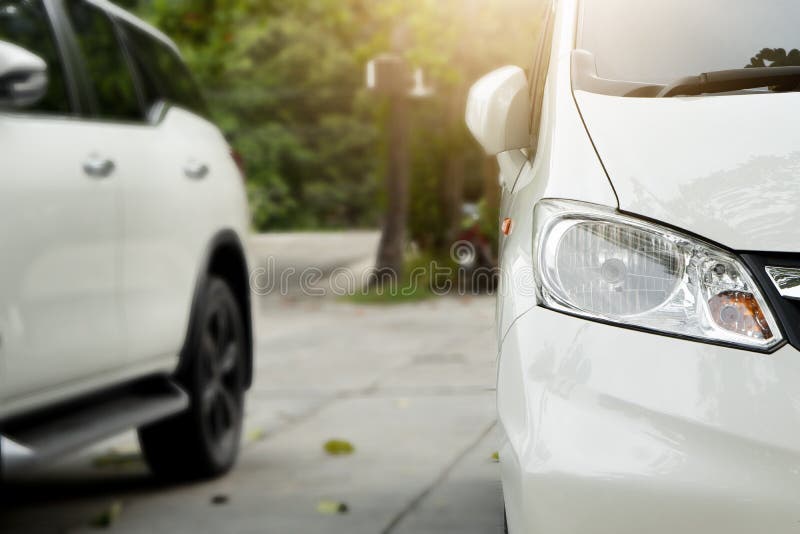 Front of Luxury White Car Track in the Parking Lot. Stock Image - Image ...