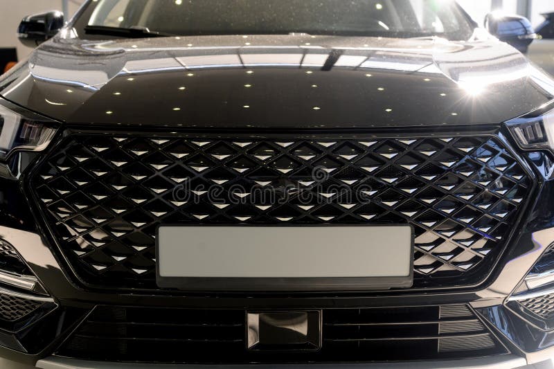 Front of New Black Modern Car in Showroom Close-up. Stock Photo - Image ...