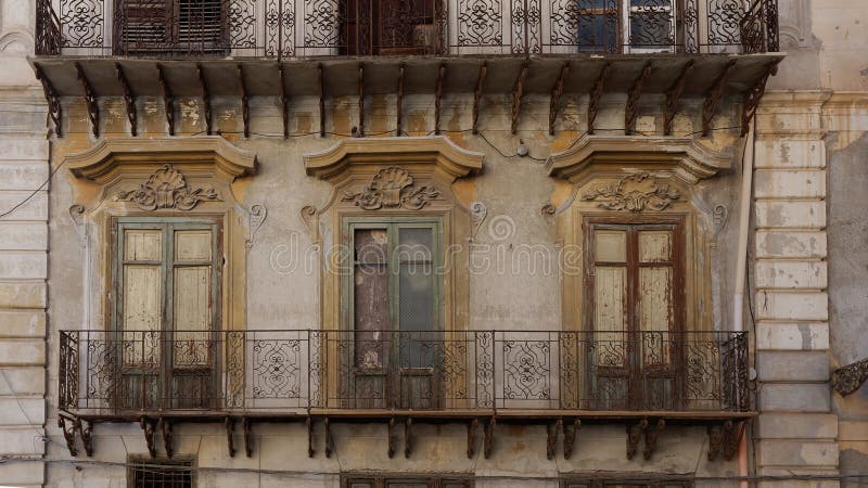 Balcony of an Old Building with Windows in Palermo Stock Image - Image ...