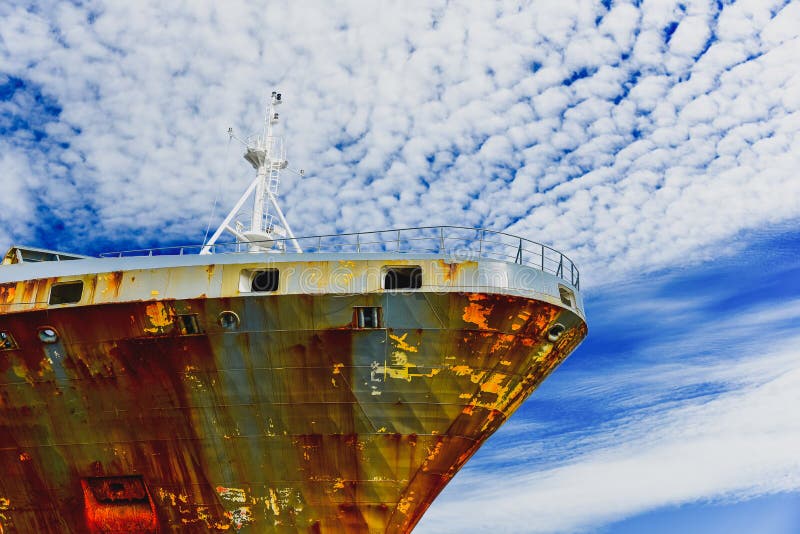 Front Ship Moored With Navigation Bridge Deck On Blue Sky Stock Photo ...