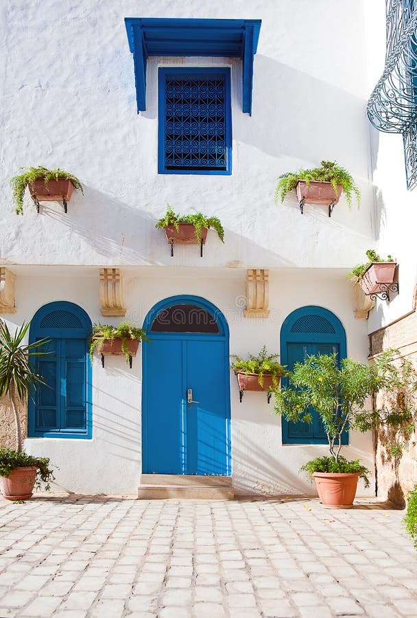 Front Part of Arab House with Blue Doors and Windows Stock Image ...
