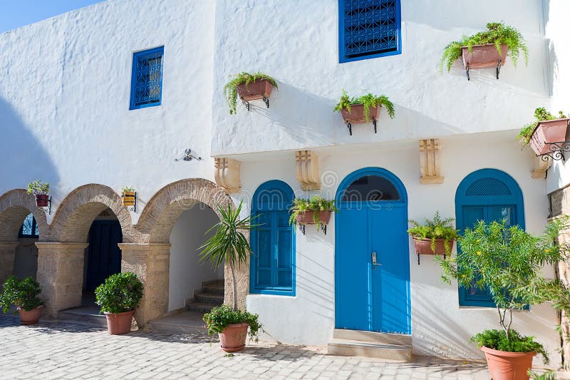 Front Part of Arab House with Blue Doors and Windows Stock Image ...