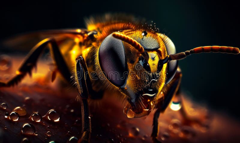 Front Part of the Bee Sitting on the Surface Covered with Droplets ...