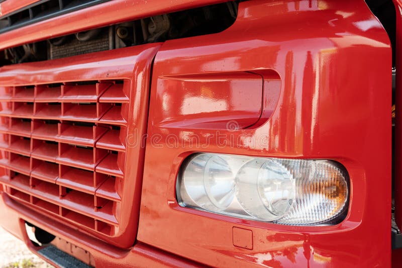 Front Part of the Red Truck with Radiator Grille and Headlight Stock ...