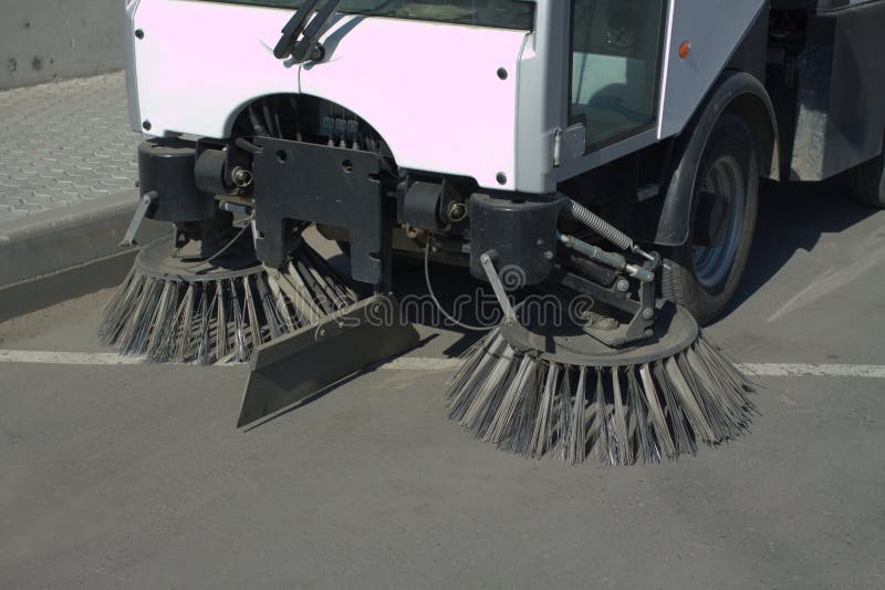 Front Part of Road Cleaning Machine with Round Front Brushes Close-up ...