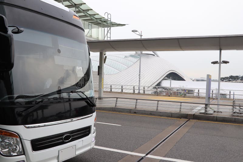 Front part of a white bus. stock image. Image of architecture - 202699999