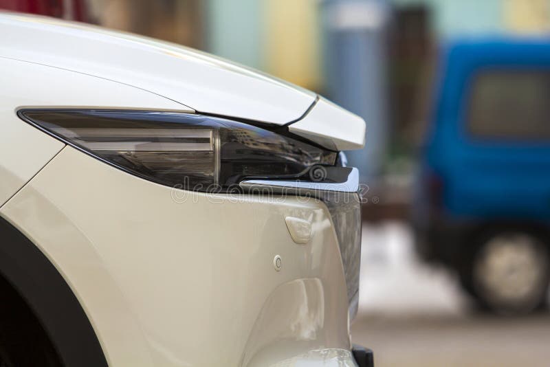 Front Part of White Modern Car Close Up Stock Photo - Image of road ...