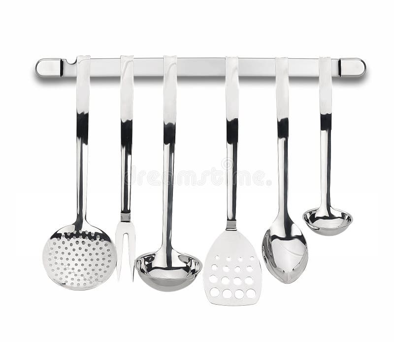 Front Photo of a Set of Stainless Kitchen Utensils. Stock Photo - Image ...