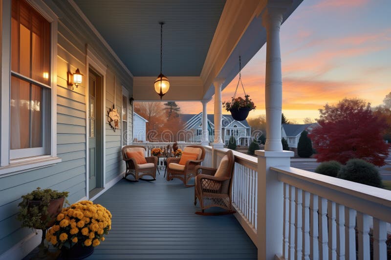Front Porch of a Colonial House at Dusk Stock Photo - Image of ...