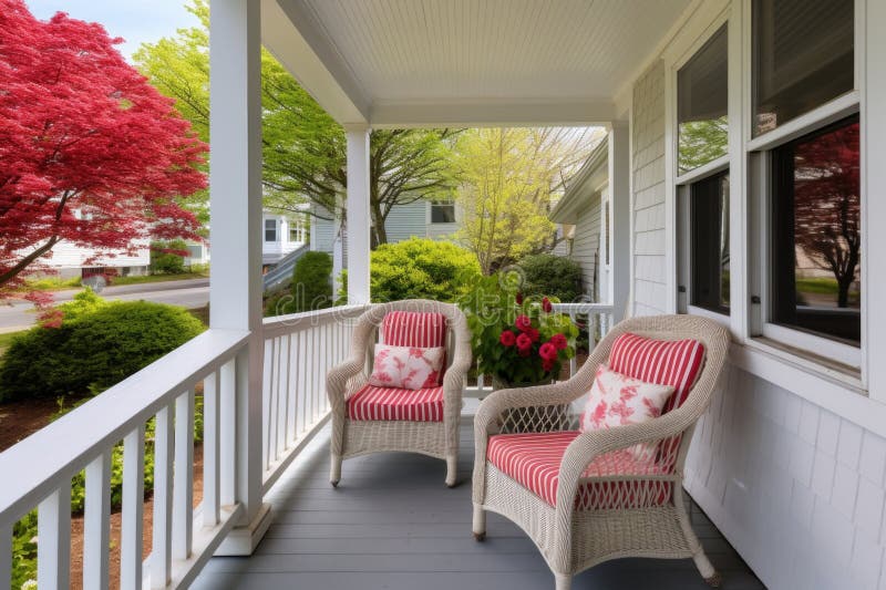 Front Porch with Wicker Chairs on a Cape Cod House Stock Photo - Image ...