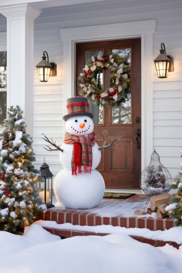 A Front Porch with a Wreath on the Door and a Snowman in the Yard Stock ...