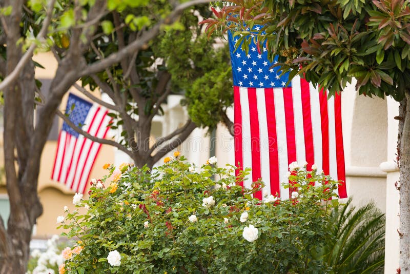 Front Porches with American Flags. Stock Photo - Image of property ...