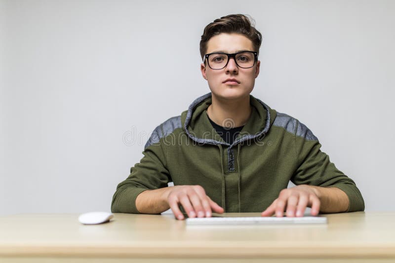 Front Portrait of a Man`s Hand Typing on the Computer Keyboard. Stock ...