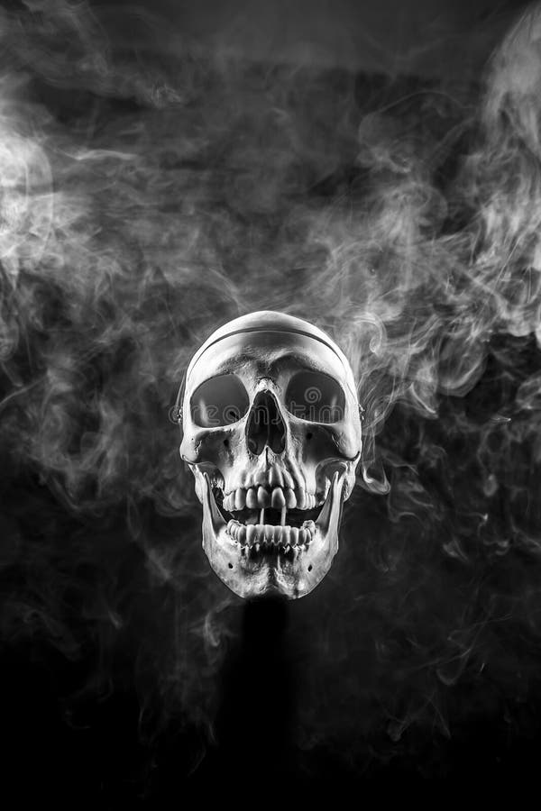 Front of Real Skull in Abstract Smoke Isolated on Black Background ...