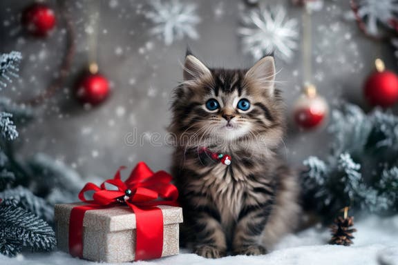 In Front of a Red Box with a Ribbon is a Cute Kitten Stock Image ...