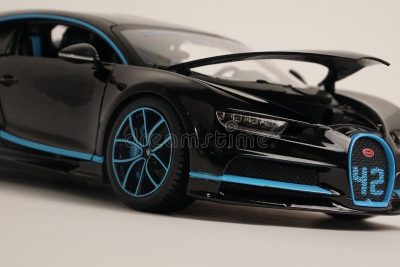 Front Right Side of a Black Bugatti Chiron Model with Bonnet Open ...