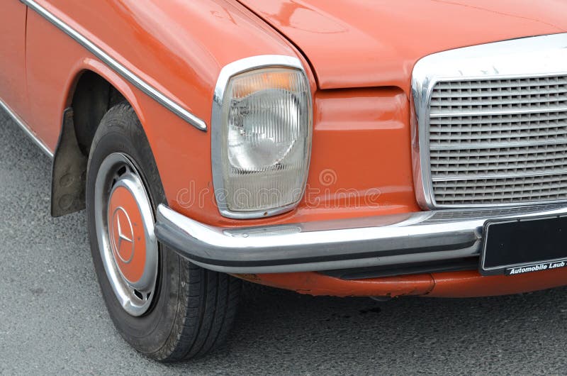Front Right Side of a Red Vintage Car with a Black Plate Stock Photo ...