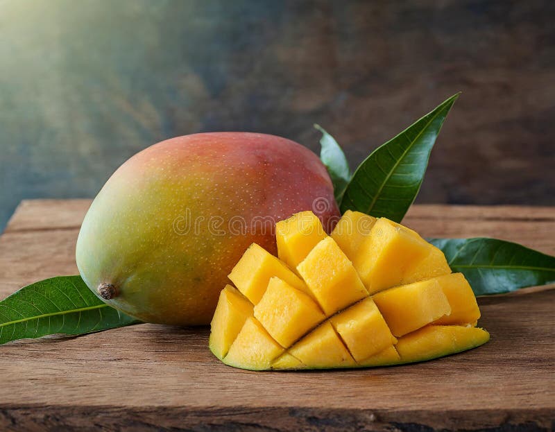 Front Shot of the Inside of the Mango Fruit on a Wooden Kitchen Table ...