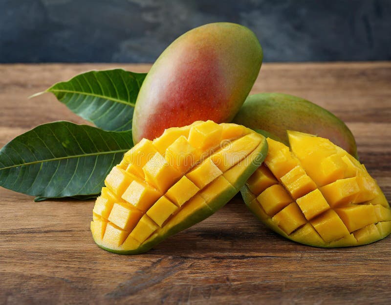 Front Shot of the Inside of the Mango Fruit on a Wooden Kitchen Table ...