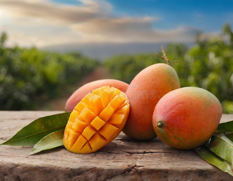 Front Shot of the Inside of the Mango Fruit on a Wooden Kitchen Table ...