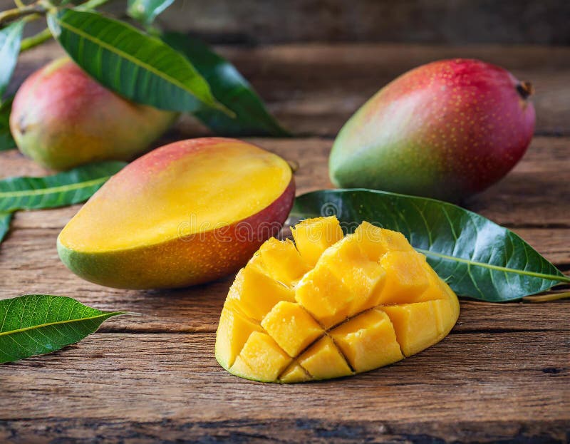 Front Shot of the Inside of the Mango Fruit on a Wooden Kitchen Table ...