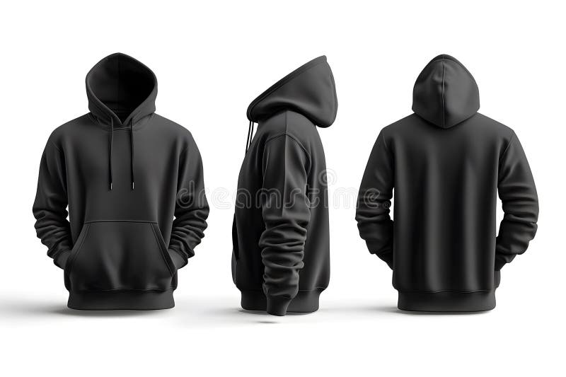 Front, Side, and Back View of Plain Black Hoodie Sweatshirt Isolated ...