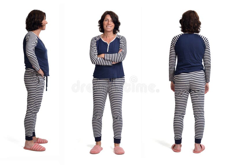 Front, Side and Back View of a Woman in Pajamas on White Background ...
