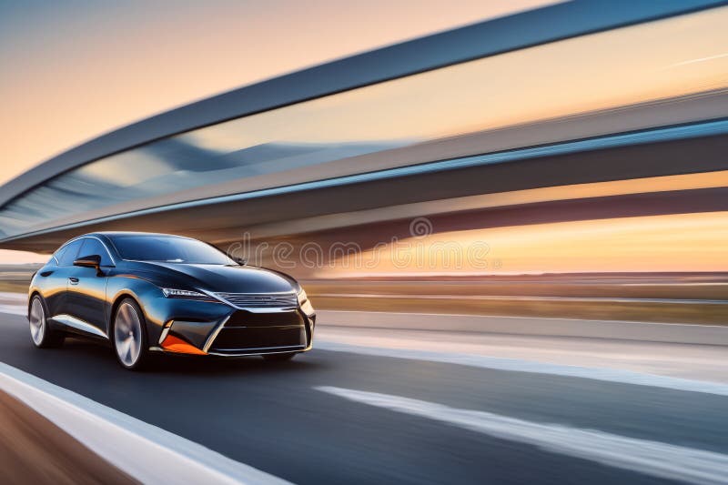 Front Side View of Black Business Car Going at High Speed on the ...