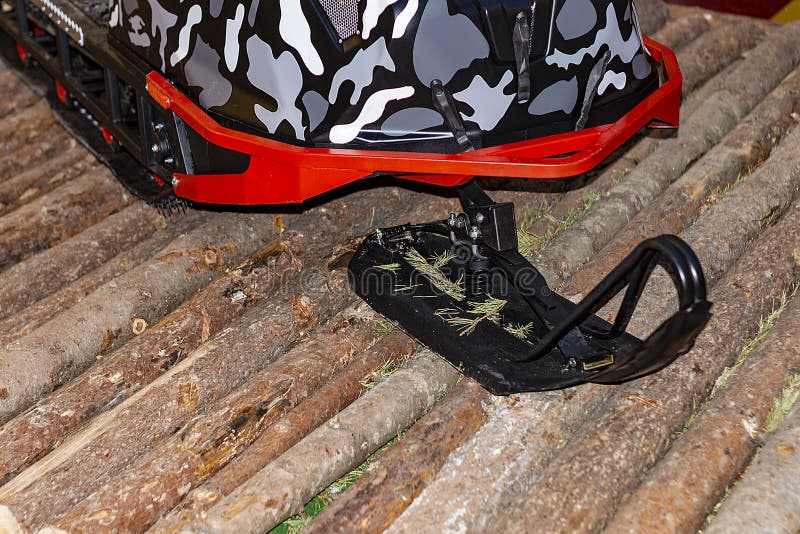 Front Snowmobile Ski. on Wooden Logs. Front and Top View Stock Image ...