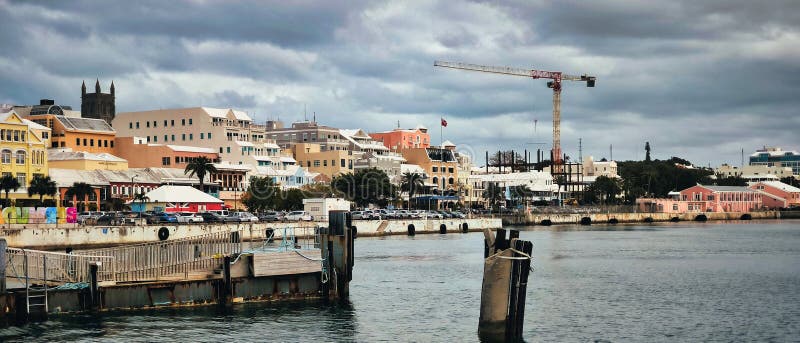 Front Street Hamilton Bermuda with the Harbour and Construction Stock ...