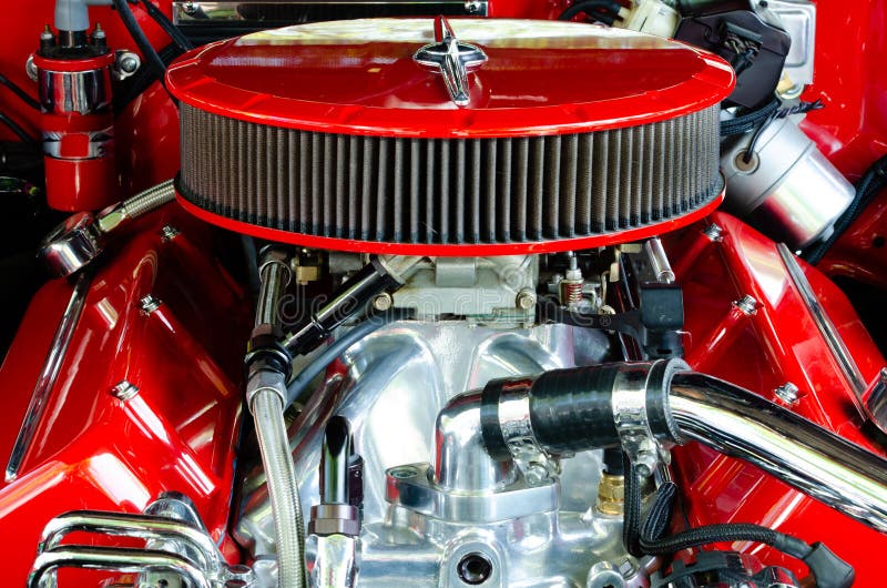Front Symmetrical View of a Streetrod Engine with Red Air Filter, Valve ...