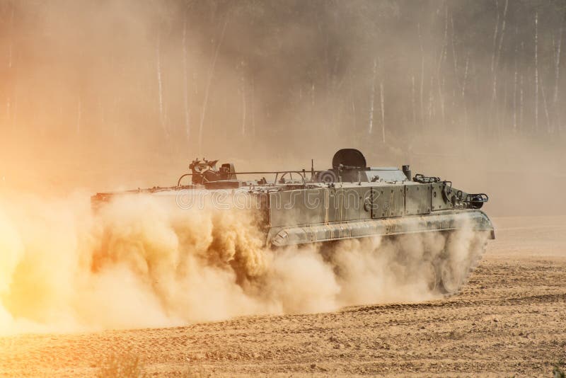 The Front of the Tank, Riding through the Dust. Stock Photo - Image of ...