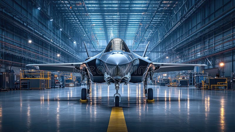Front View of Advanced Military Jet in Industrial Hangar with Dramatic ...