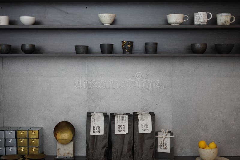 Front View of an Aesthetic Modern Coffee Shop Countertop with Coffee ...