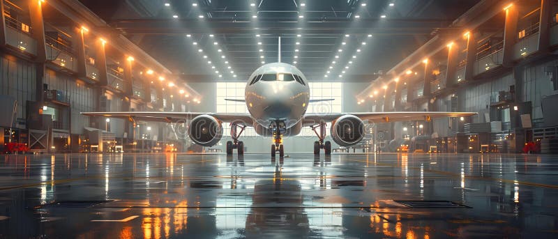 Front View of Aircraft in Hangar Undergoing Maintenance and Repair. Concept Aircraft Maintenance ...