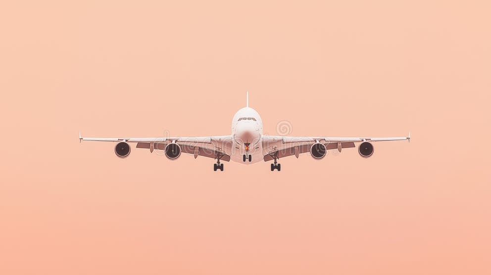 Front View of Airplane in Flight Against Peach Sky at Sunset Stock ...