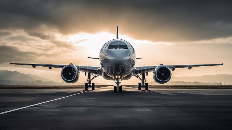 Front View of an Airplane Taking Off on the Runway at Sunset ...