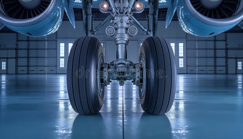 Front View of Airplane Wheels Parked in a Spacious Hangar. Stock Photo ...