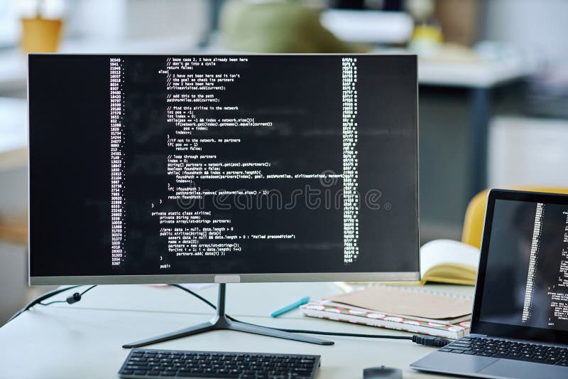 Background Image of Computer Screen with Code Lines on Desk in Office Stock Image - Image of ...