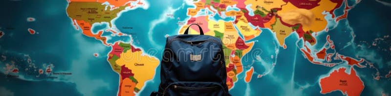 Front View of Backpack Against World Map Backdrop , Airport, Discovery ...