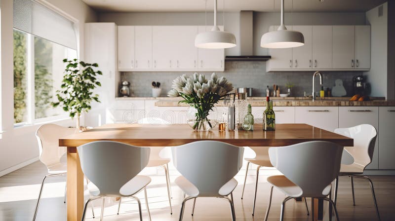 Front View Banner of a Kitchen Table in a Fancy Bright Kitchen ...