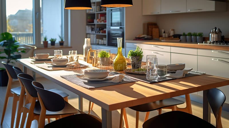 Front View Banner of a Kitchen Table in a Fancy Bright Kitchen ...