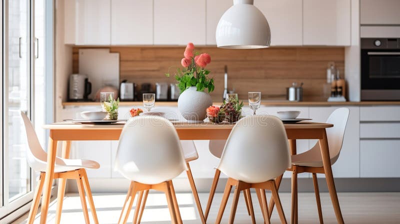 Front View Banner of a Kitchen Table in a Fancy Bright Kitchen ...