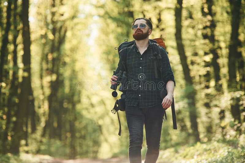 Front View. Bearded Man is in the Forest at Daytime Stock Illustration ...