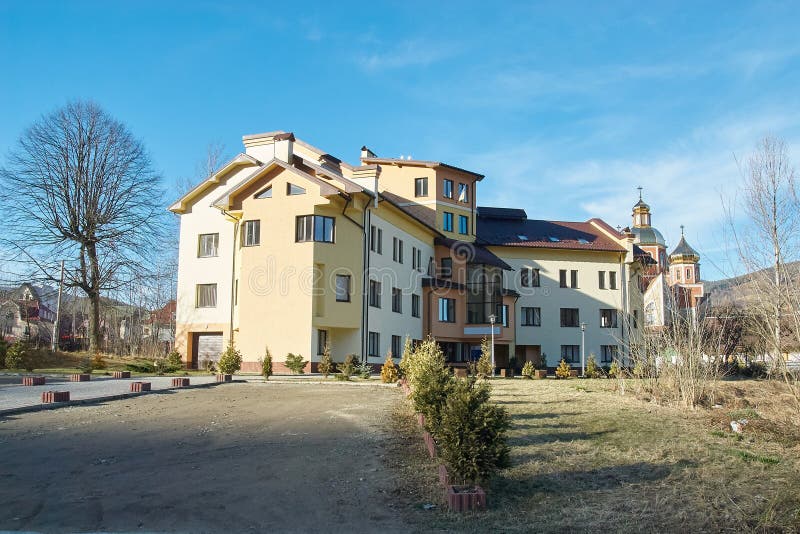 Front View of a Beautiful Little Hotel Stock Image - Image of church ...