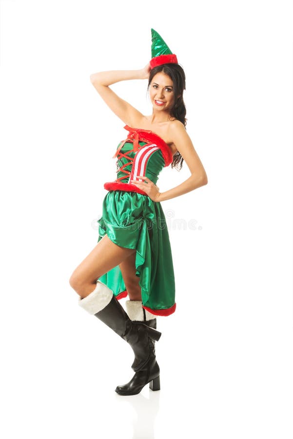 Front View of Beautiful Woman Wearing Elf Clothes, Touching Her Head ...
