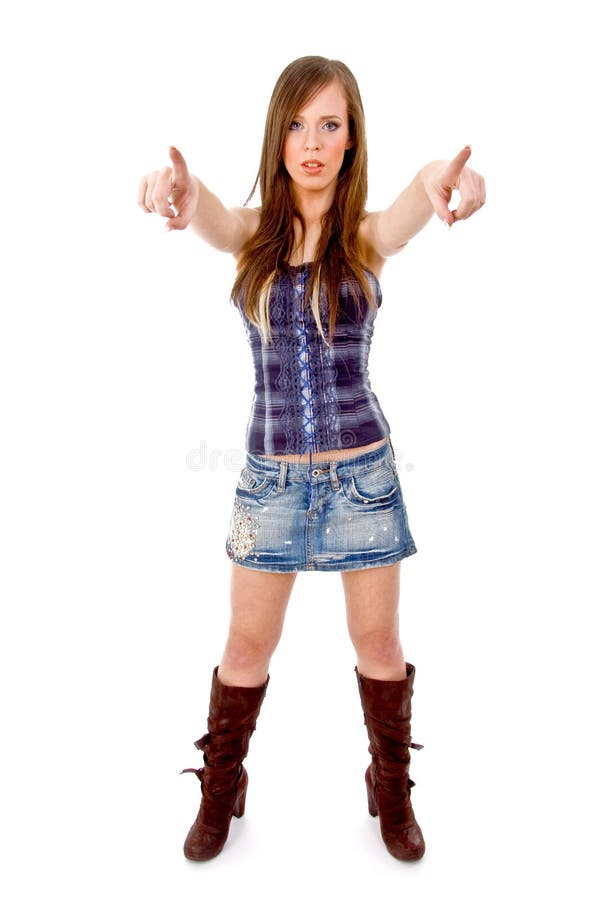 Front View Of Beautiful Young Model Pointing Picture. Image: 8143681