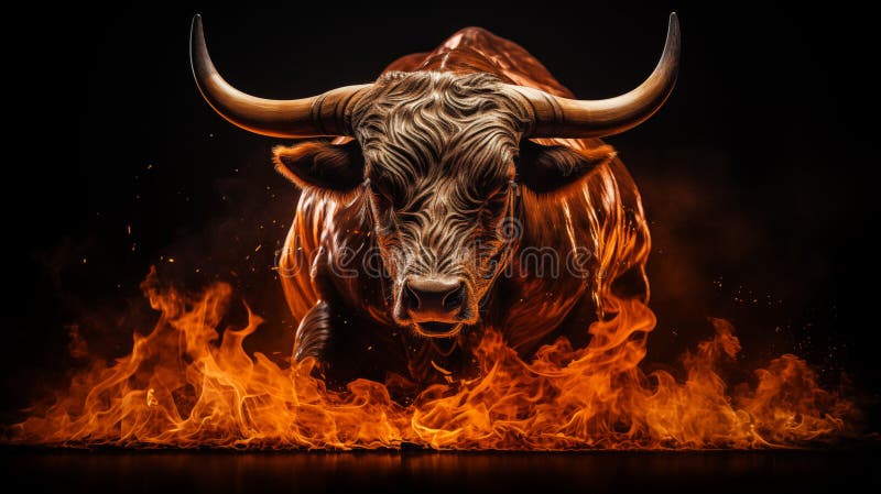 Front View of Big Black Burning Bull Galloping on Fire, on a Black ...